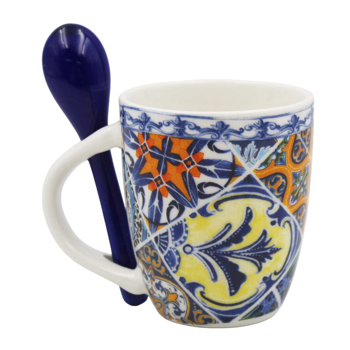 Traditional Blue & Orange Tile Azulejo Ceramic Espresso Cup with Stirr ...