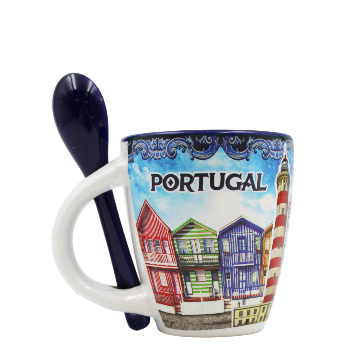 Traditional Portugal Aveiro Blue Ceramic Espresso Cup with Spoon and G ...