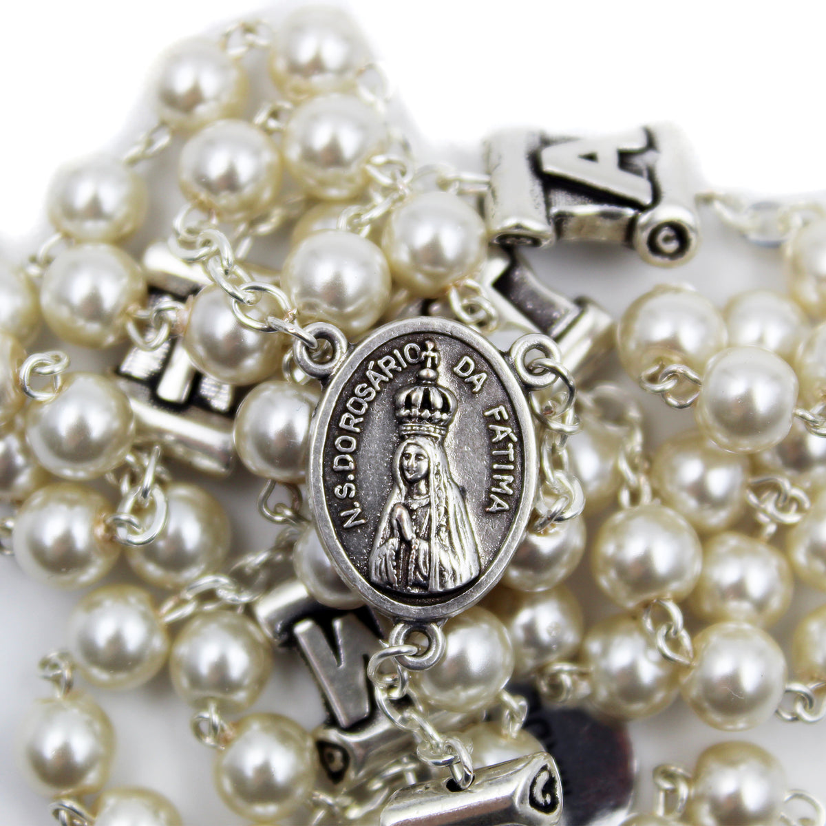 Our Lady of Fatima Pearl Rosary with Fatima Letters – Portugalia Sales Inc